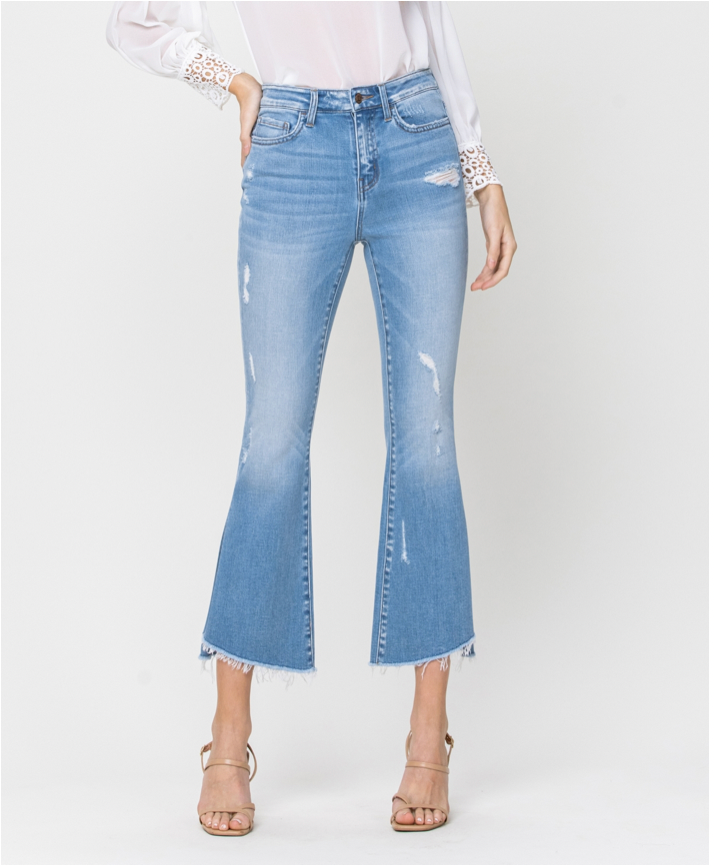 Women's Mid Rise Crop Kick Flare Jeans with Side Slit | Flipflopogram